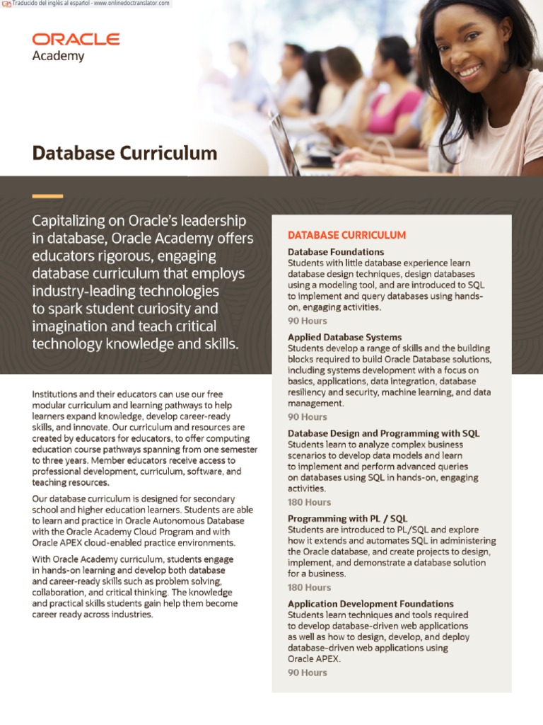 Database Curriculum Datasheet 8.5 X 11 Electronic - En.es | PDF | Plan de estudios | Oracle ...