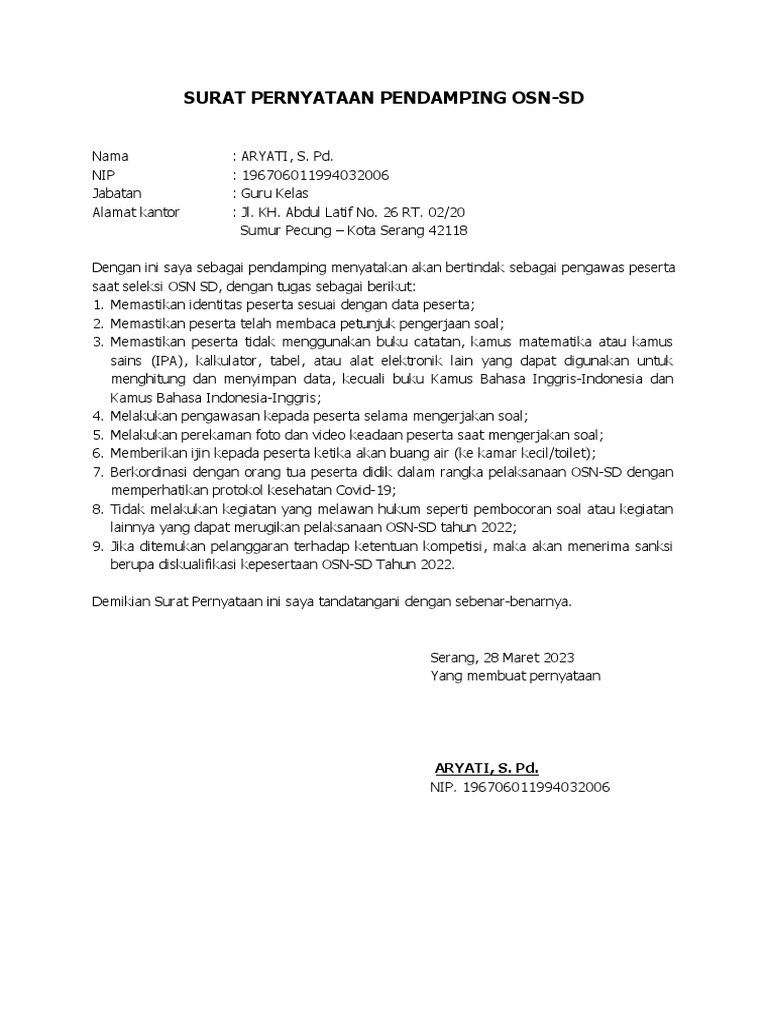 Surat Pernyataan Pendamping Osn SD | PDF