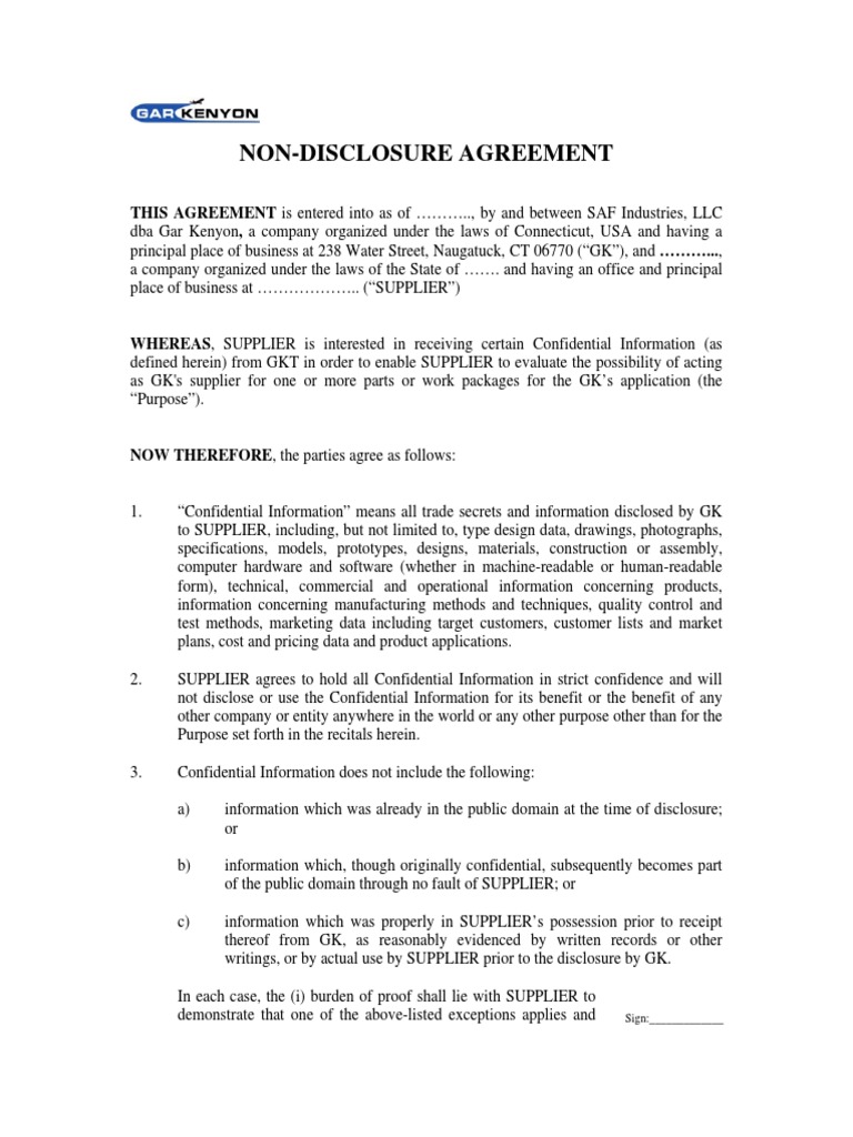 NDA For Gar Kenyon Suppliers | PDF | Confidentiality | Discovery (Law)