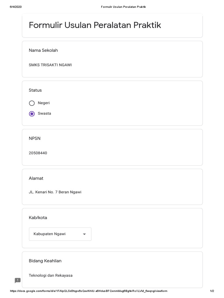 Formulir Usulan Peralatan Praktik 1 | PDF