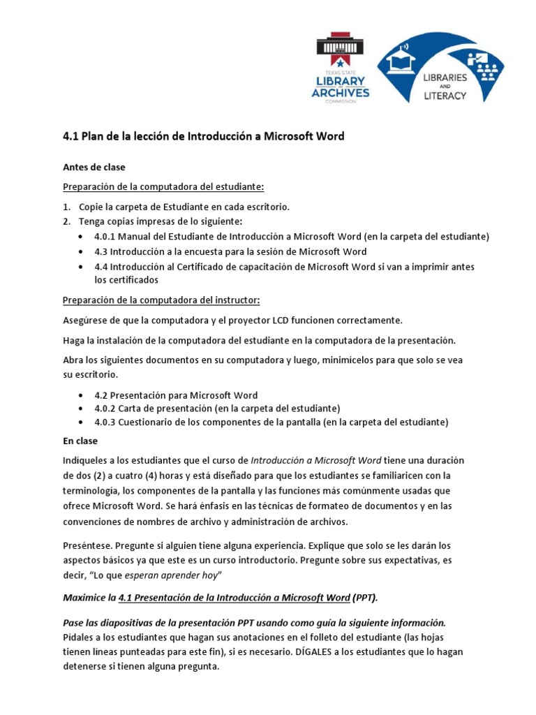 ES - 4-1 para Enseñar Introduction To Microsoft Word Lesson Plan | PDF ...