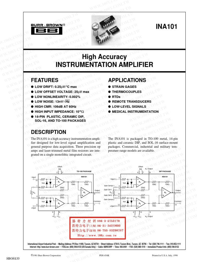 Burr Brown INA101 | PDF | Telecommunications Engineering | Electricity