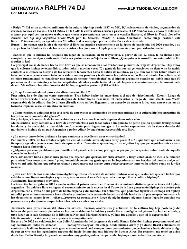 Entrevista RALPH 74 DJ - LIBRO - para | PDF | Música hip-hop | Disc jockey