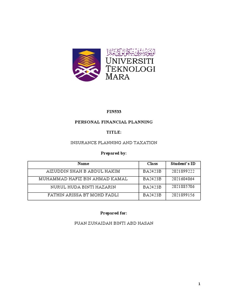 FIN533 - Group Assignment | PDF | Taxes | Insurance