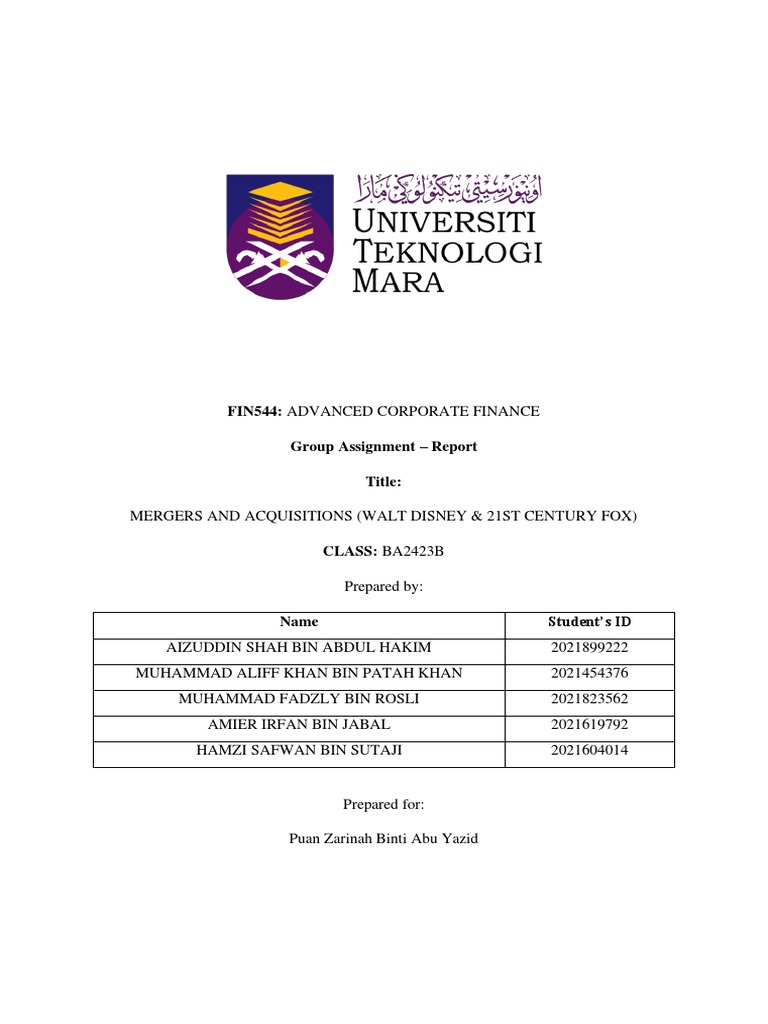 FIN544 - Group Assignment (PDF Vers) | PDF | 21st Century Fox | Mergers ...