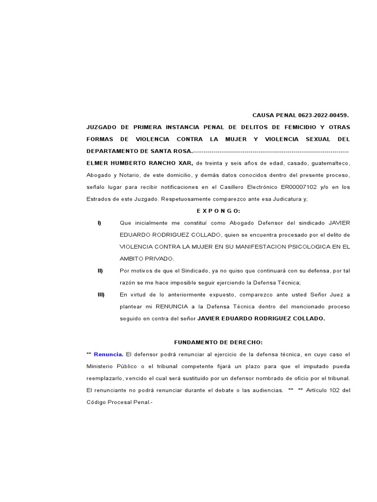 Memorial de Renuncia. Caso Piña Shuca | PDF | Derecho penal | Justicia