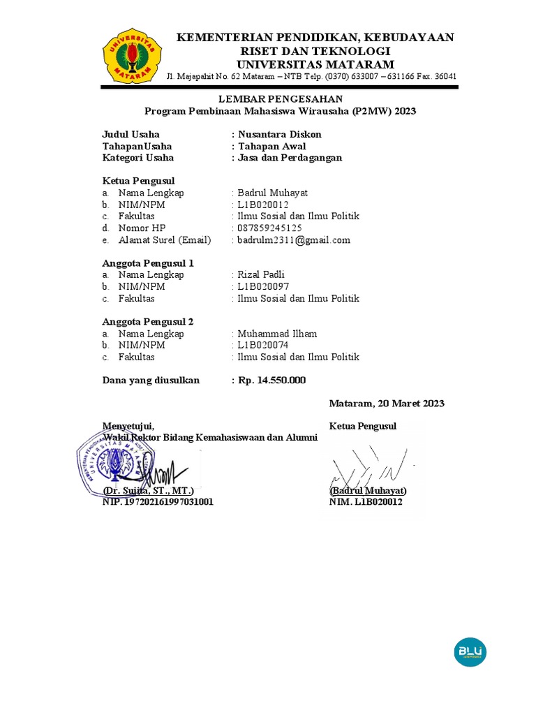 LEMBAR PENGESAHAN PROPOSAL P2MW 2023_BADRUL MUHAYAT_L1B020012 ...
