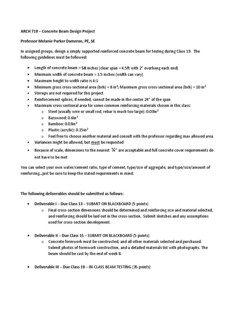 ARCH 719 Concrete Beam Design Project Assignment - Instructions | PDF | Reinforced Concrete ...