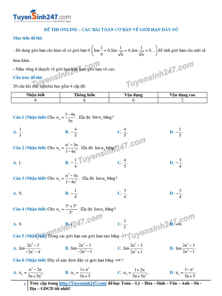 - Nắm vững lí thuyết về giới hạn hữu hạn, giới hạn vô cực.: 1 1 1 lim 0, lim 0, lim 0,... n n n ...
