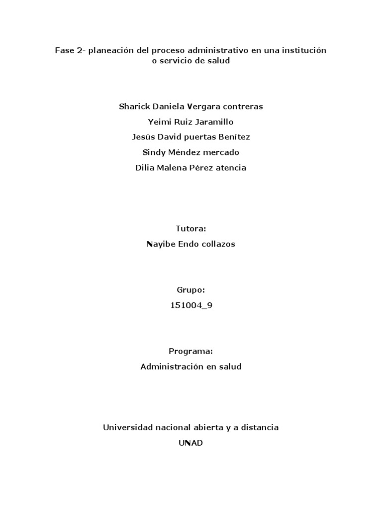 Fase 2 Planeación Del Proceso Administrativo en Una Institución o Servicio de Salud | Descargar ...