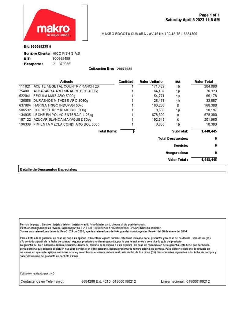 Cotización Hico Fish S.A.S. 2023 | PDF