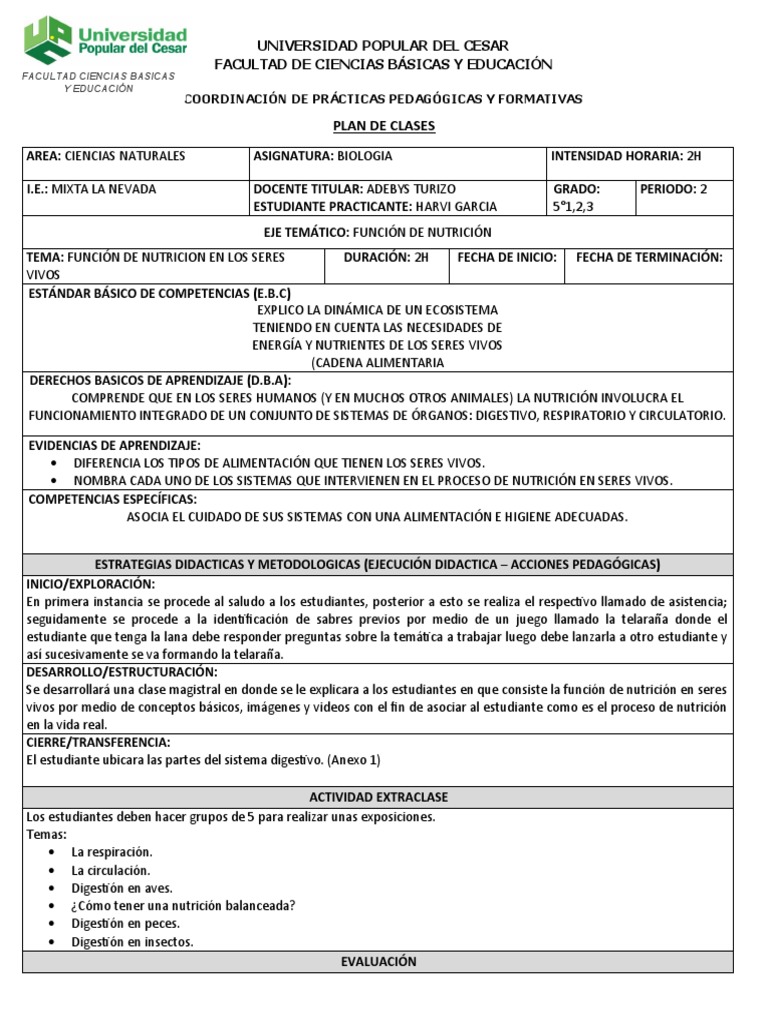 Plan de Clase #3 Función de Nutrición 5°01.02.03 | PDF