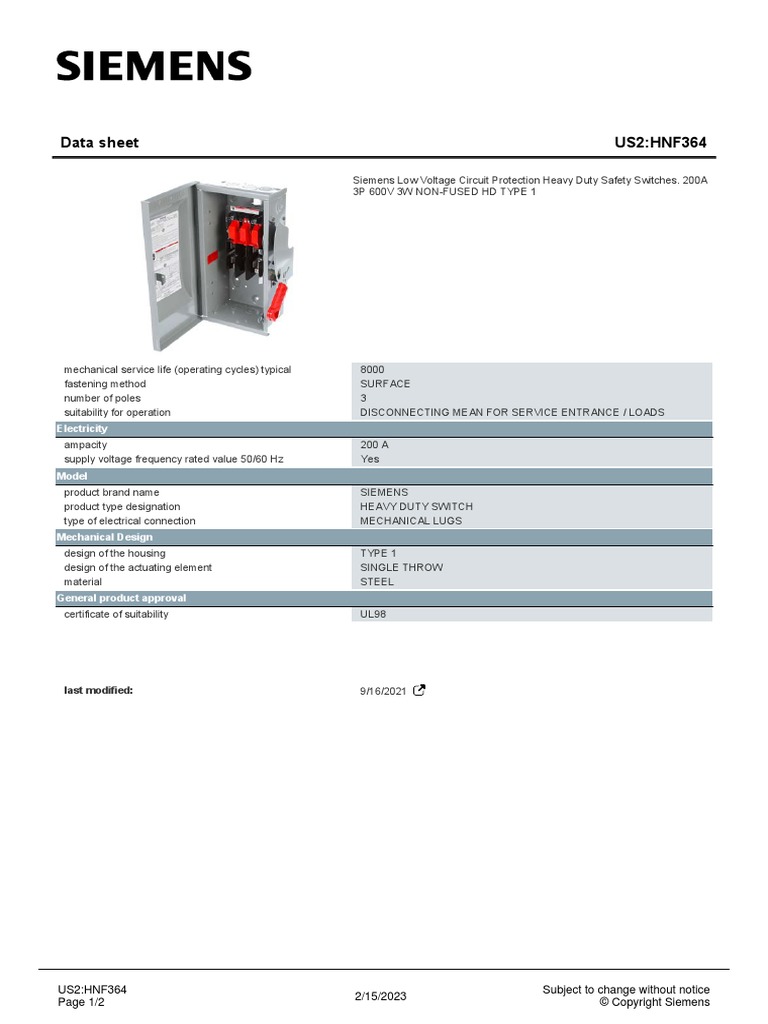 Interruptor de Seguridad SIEMENS 200A | PDF