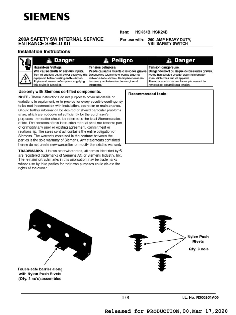 Int de Seg Siemens 600V 200a Hoja de Seguridad | PDF | Rivet | Trademark