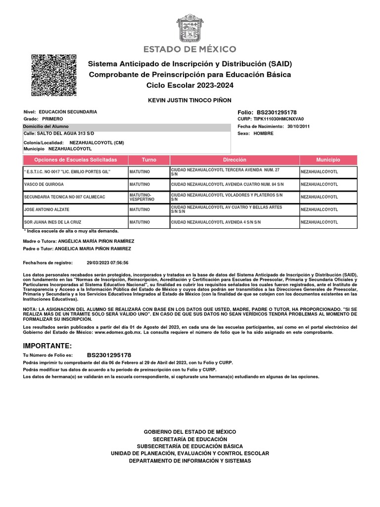 Comprobante de Preinscripción para Educación Secundaria en el Estado de ...
