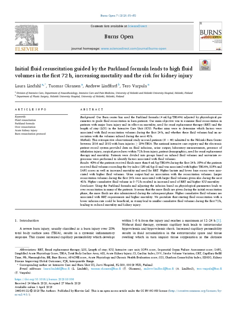 Initial Fluid Resuscitation Guided by The Parkland Formula Leads T ...