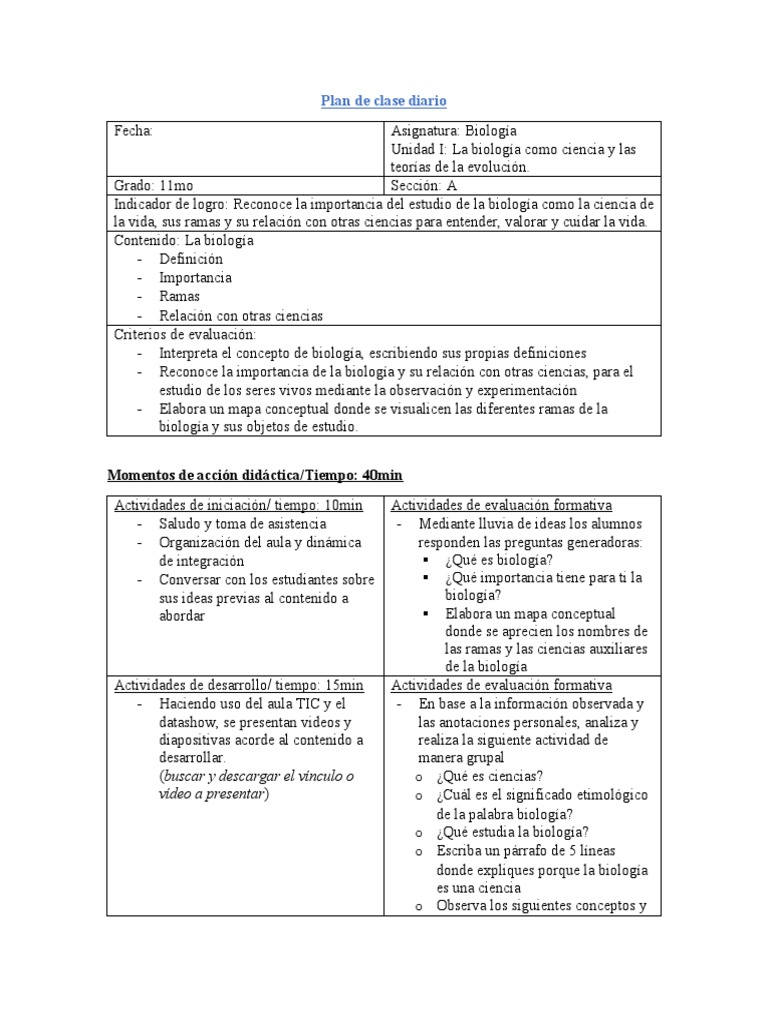Plan de Clase Diario, 2023 | PDF | Evaluación | Biología
