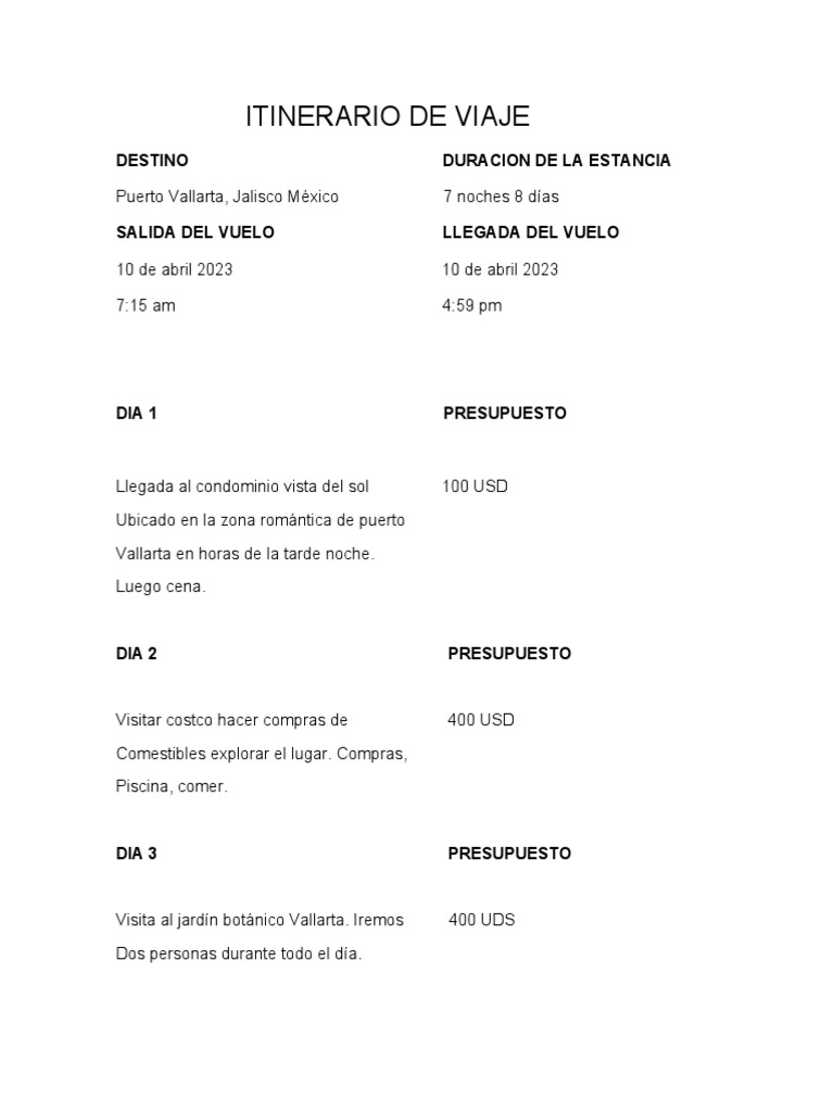 Itinerario de Viaje | PDF