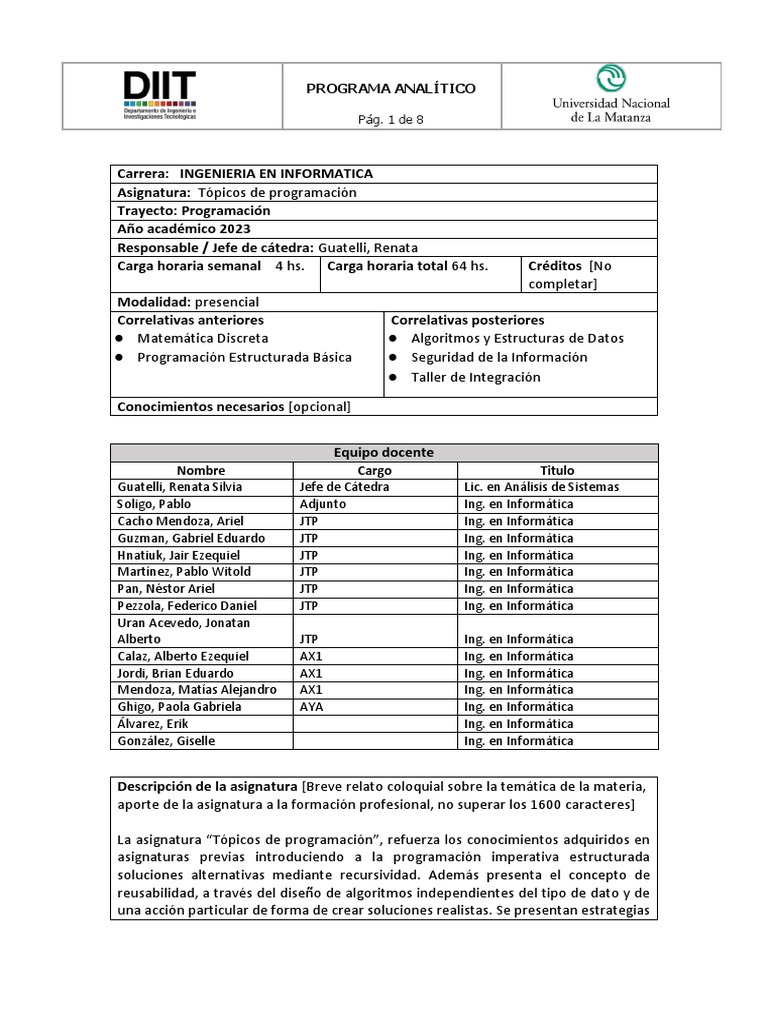 Programa TOPICOS DE PROGRAMACION - 2023 C1 | PDF | Puntero (Programación de computadora ...