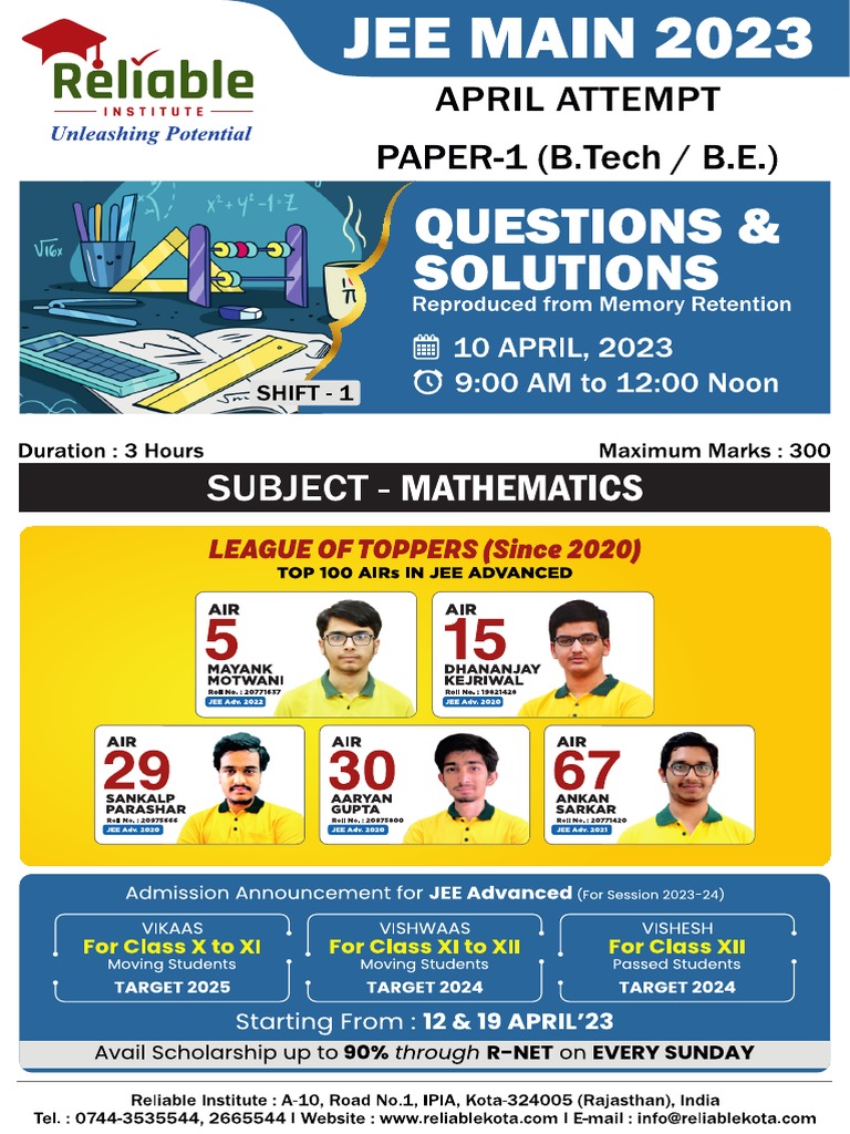 Jee Main 10 April 2023 Shift 1 Reliable Mathematics Question Paper With ...