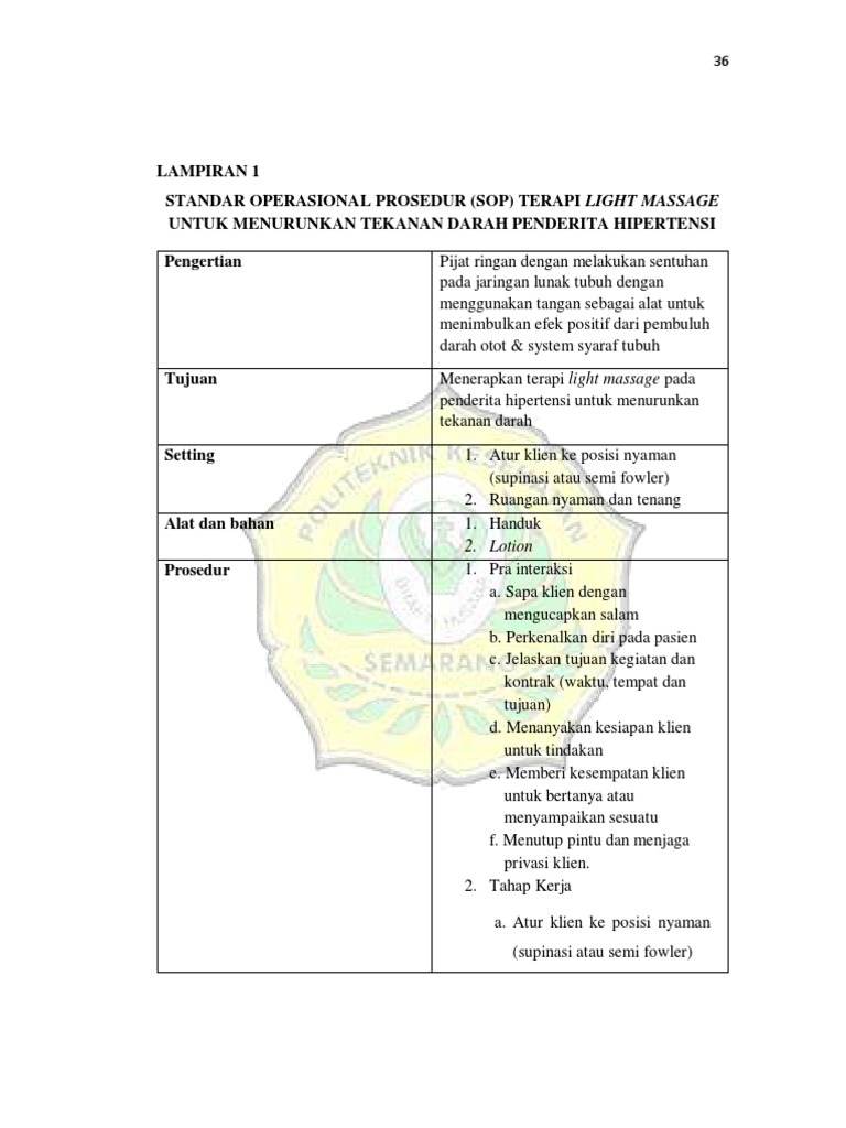Lampiran 1 Standar Operasional Prosedur (Sop) Terapi Light Massage Untuk Menurunkan Tekanan ...