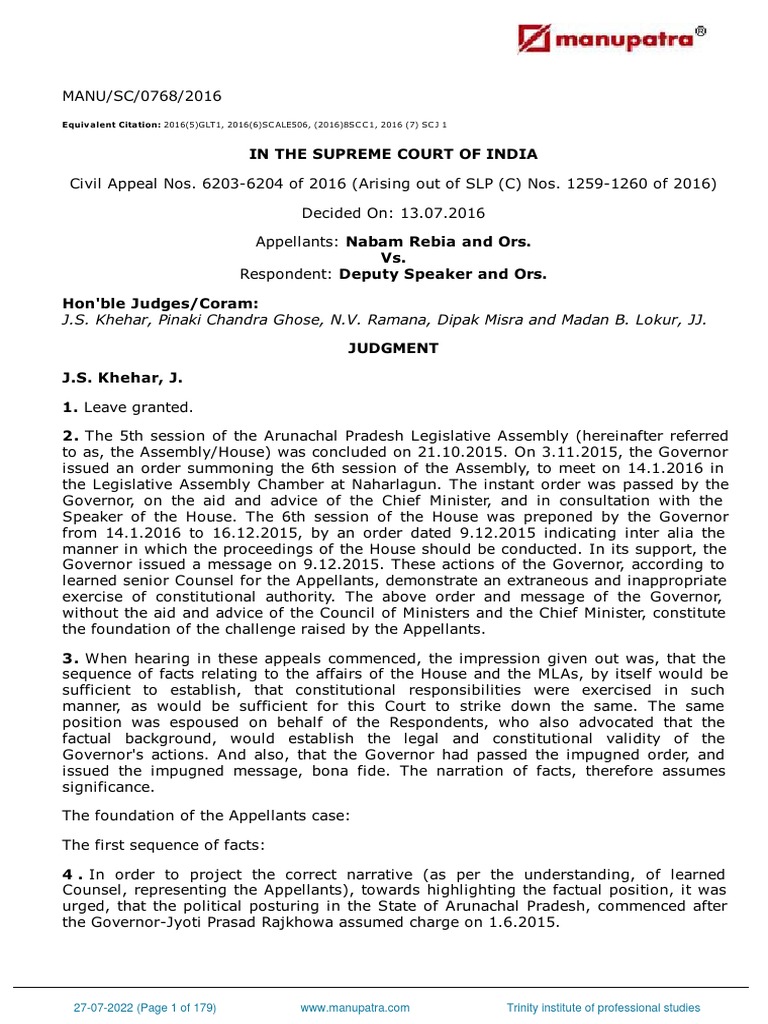 Nabam Rebia and Ors. v. Deputy Speaker and Others | PDF | Indian ...
