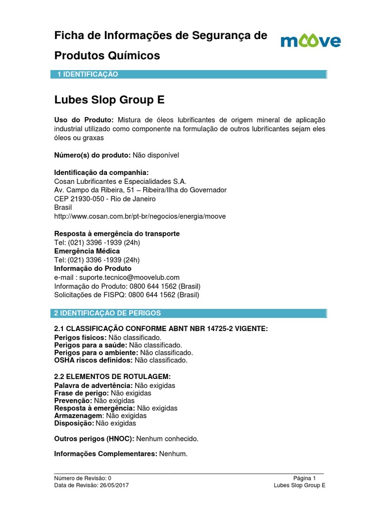 FISPQ Moove - Lubes Slop Group E ÓLEO DE CORRENTE | PDF | Combustão ...