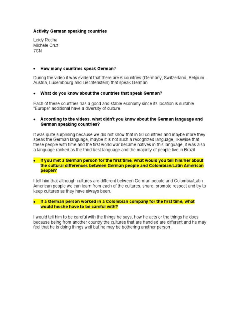 Activity German Speaking Countries | PDF
