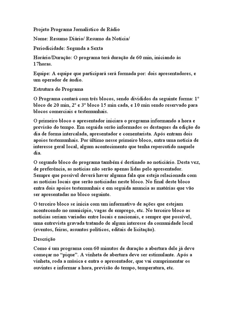 Projeto Programa Jornalístico de Rádio | PDF