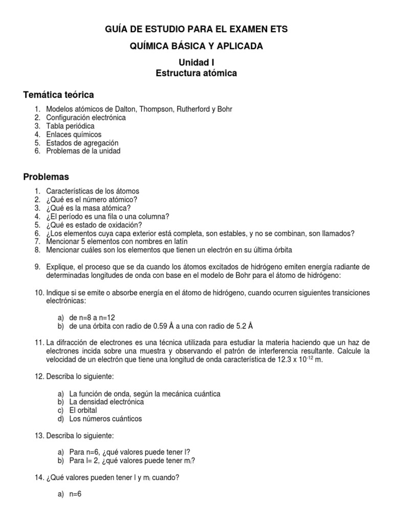 Guía de Estudio para El Examen Ets Química Básica Y Aplicada Unidad I Estructura Atómica ...
