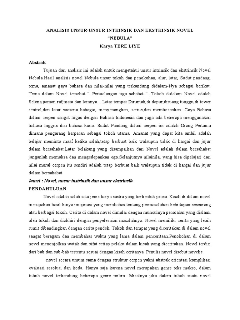 Analisis Unsur-Unsur Intrinsik Dan Ekstrinsik Novel "Nebula" Karya Tere Liye Abstrak | PDF