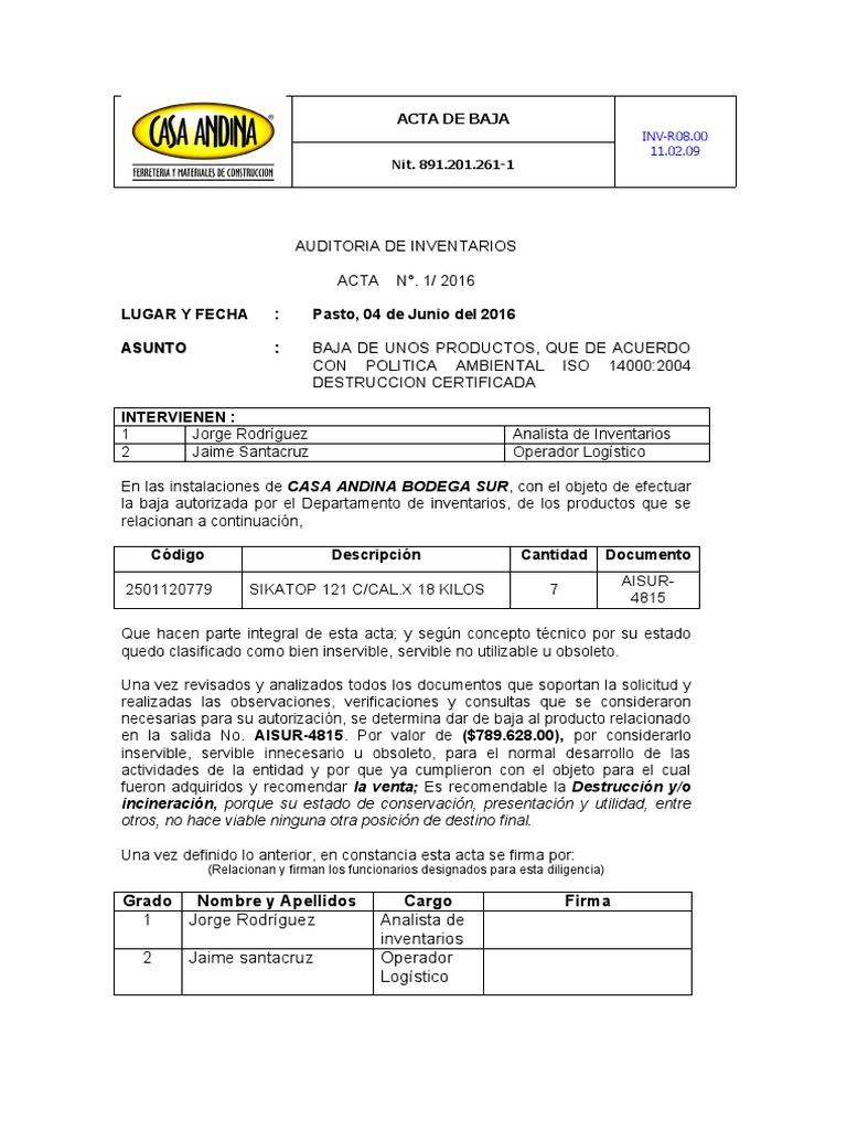 Acta de Baja de Producto # 1 2016 | PDF