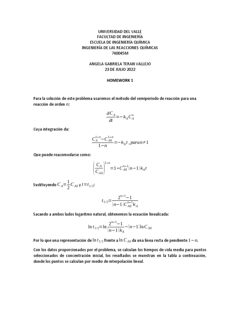Tarea 1 Ing de Reacciones, Angela Teran | PDF | Matemáticas | Análisis estadístico
