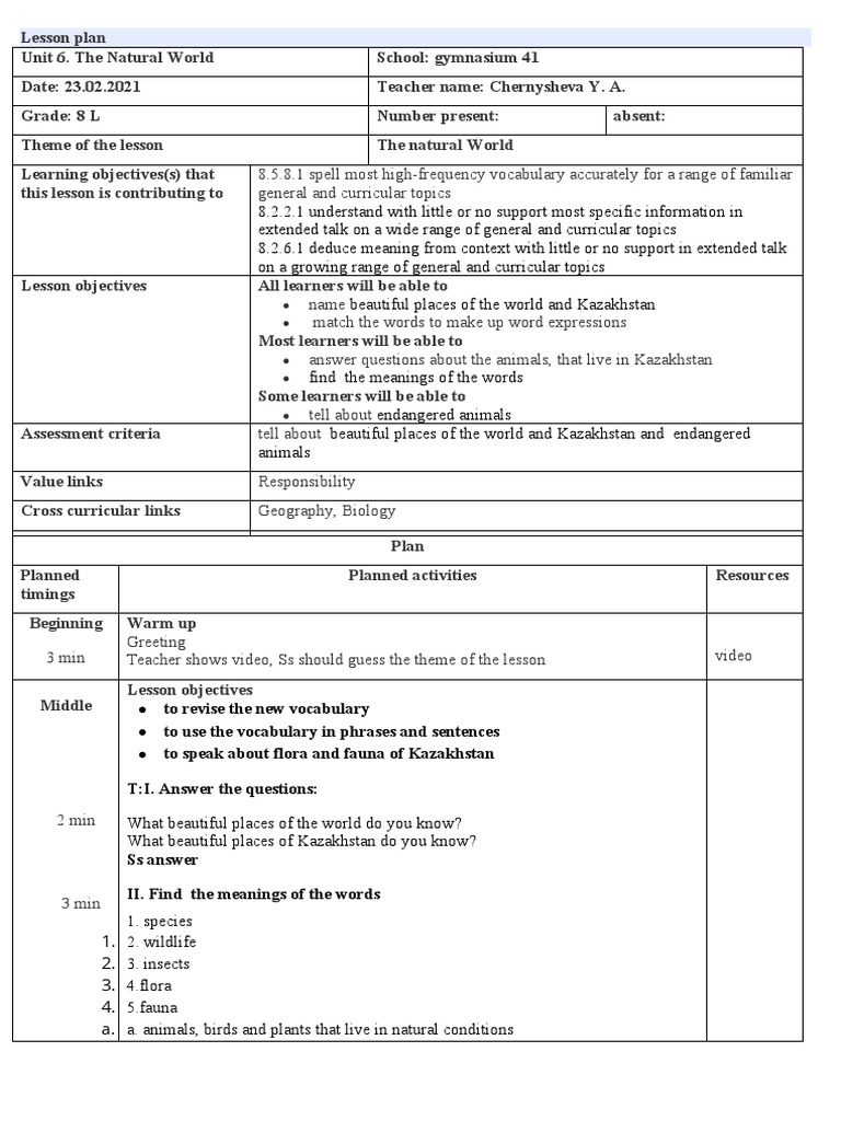 Razrabotka Uroka The Natural World Dlya 8 Klassa | PDF