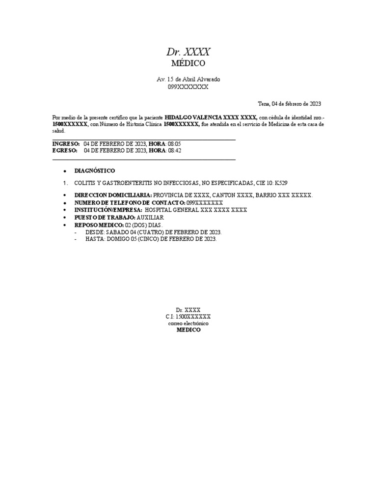 Formato Ejemplo de Certificado Reposo Medico | PDF