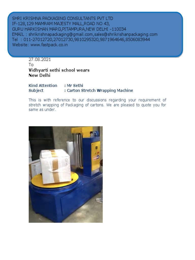 Vidhyarti Sethi School Wears New Delhi: Kind Attention: MR Sethi Subject: Carton Stretch ...