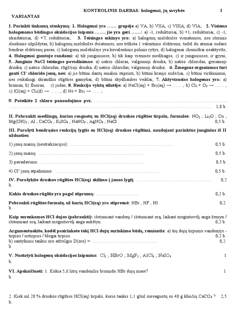 10 Kl. KONTROLINIS DARBAS - Halogenai, Jų Savybės I VARIANTAS | PDF