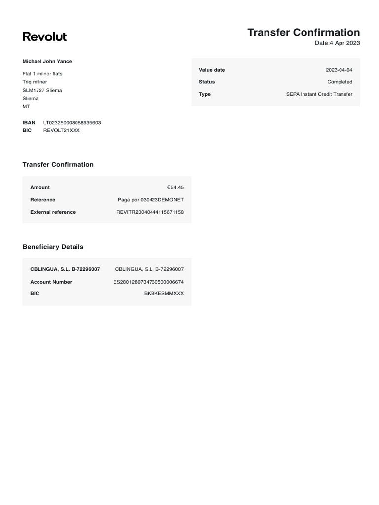 Transfer Confirmation | PDF