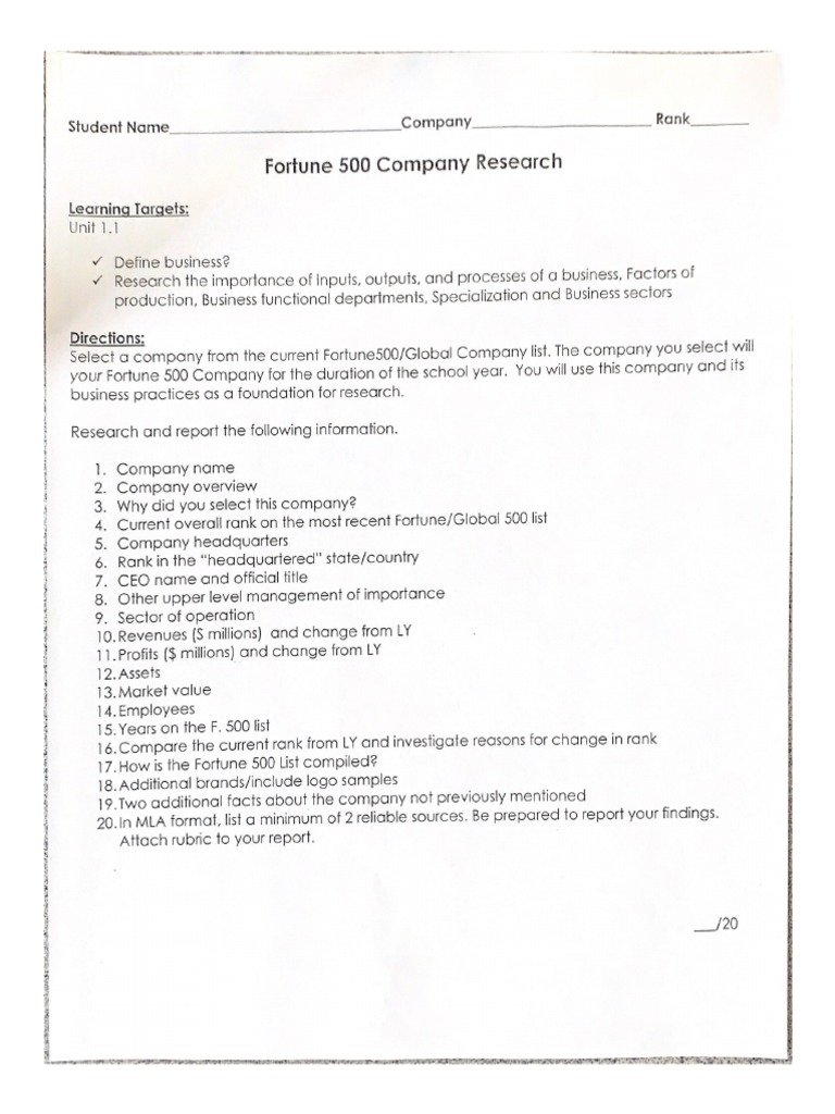 Fortune 500 Co. Research | PDF
