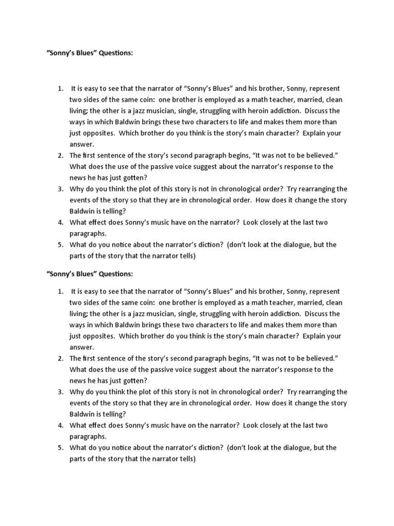 Discussion Questions for "Sonny's Blues" | PDF | General Fiction