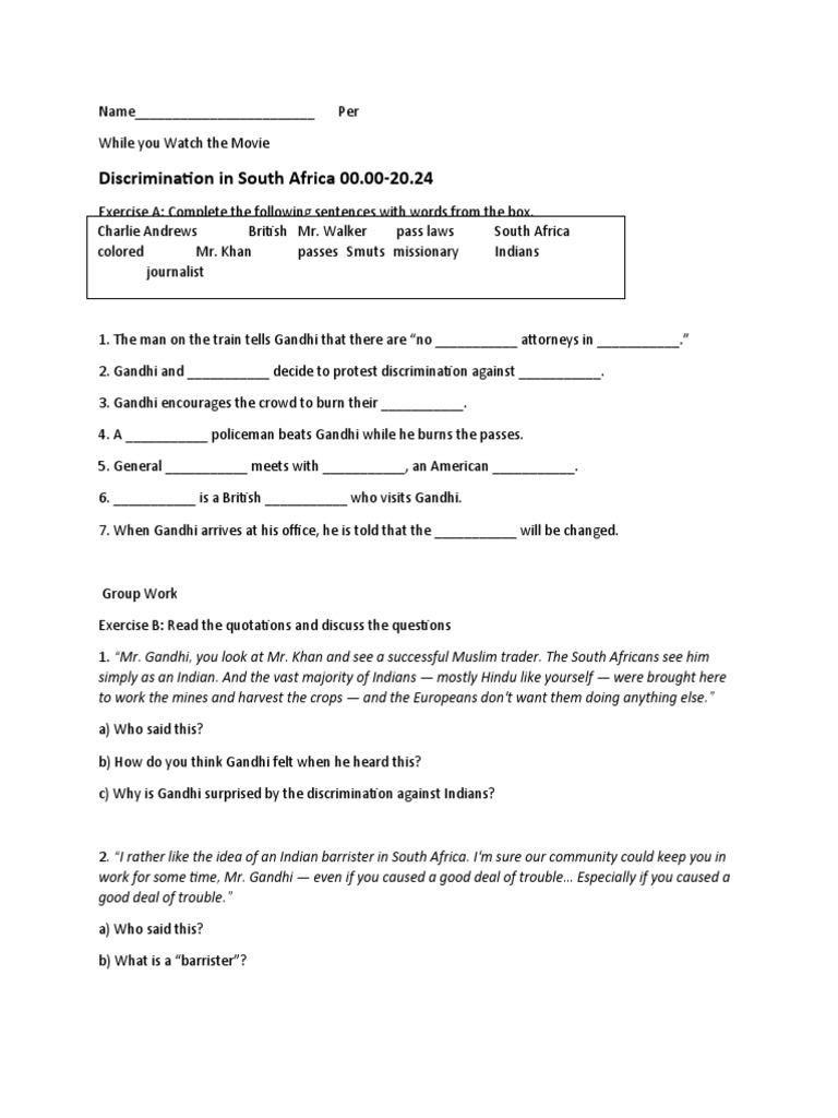 Gandhi Movie Student Handout | PDF | Mahatma Gandhi | British Raj