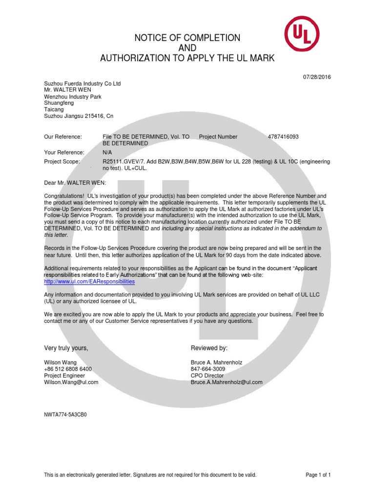 Notice of Completion AND Authorization To Apply The Ul Mark: This Letter | PDF