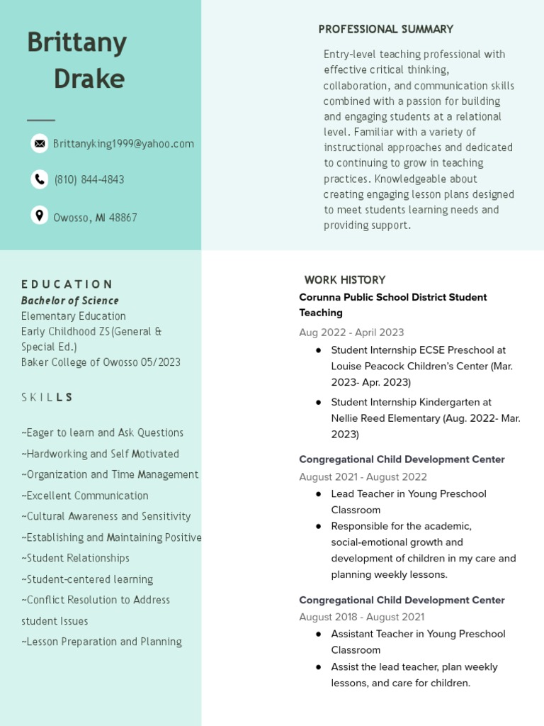 Resume References - Brittany Drake | PDF | Teachers | Preschool