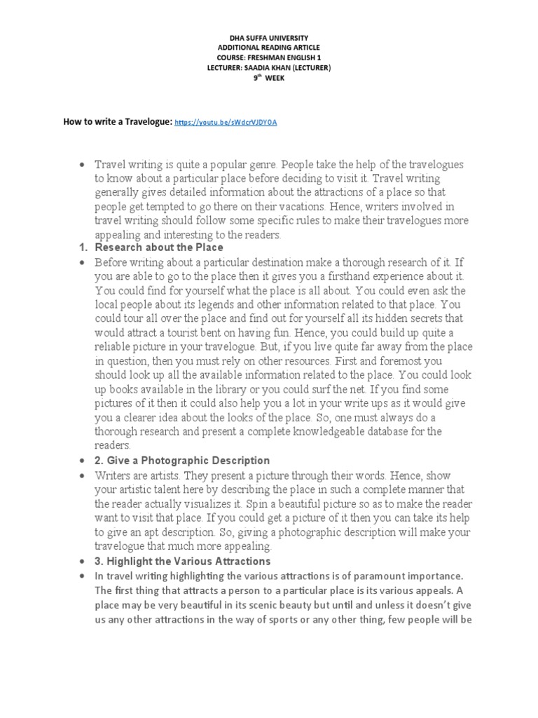 Additional Reading Article How To Write A Travelogue | PDF