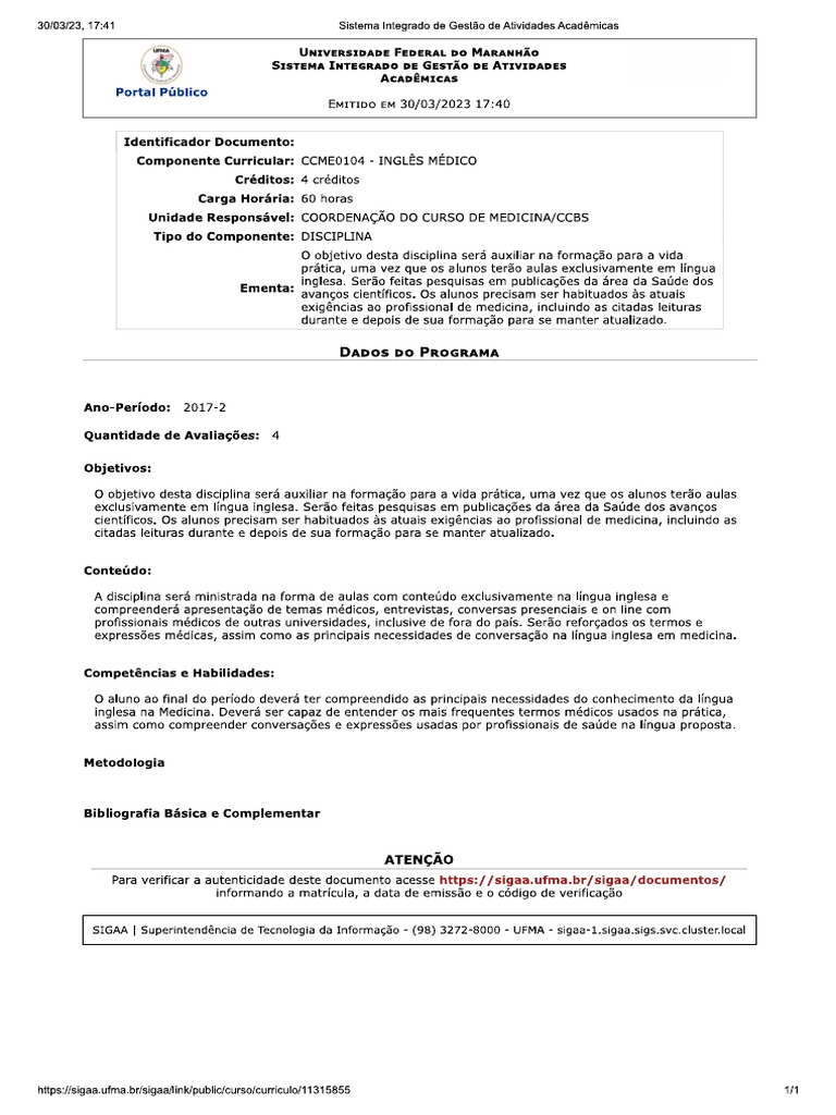 Ementa de Inglês Médico | PDF