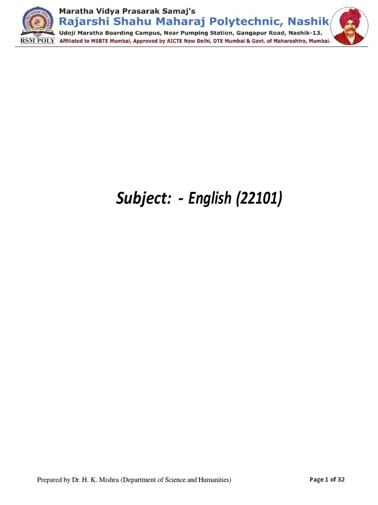 Subject: - English (22101) : Prepared by Dr. H. K. Mishra (Department ...