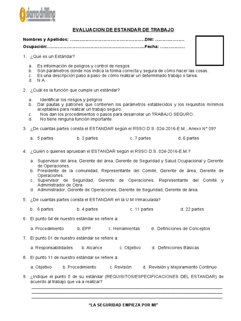 EVALUACIÓN DE ESTANDAR DE TRABAJO | PDF