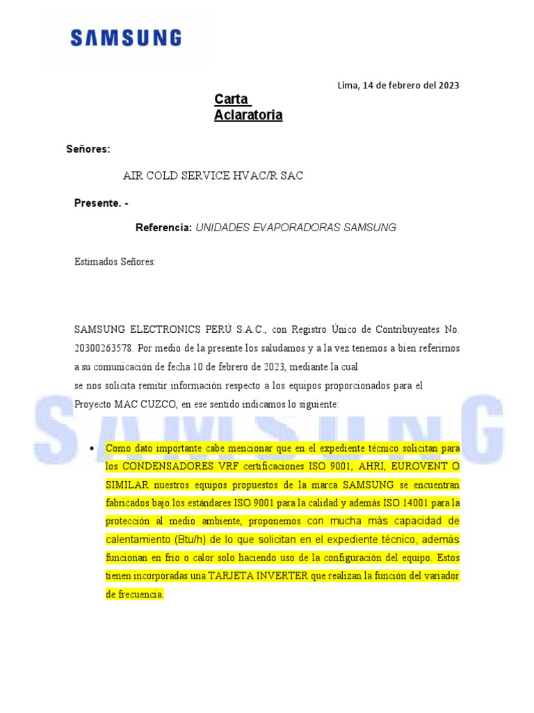 Nro 2023-001 - Carta Aclaratoria - AIR COLD SERVICE PARA PROMSACE | PDF ...