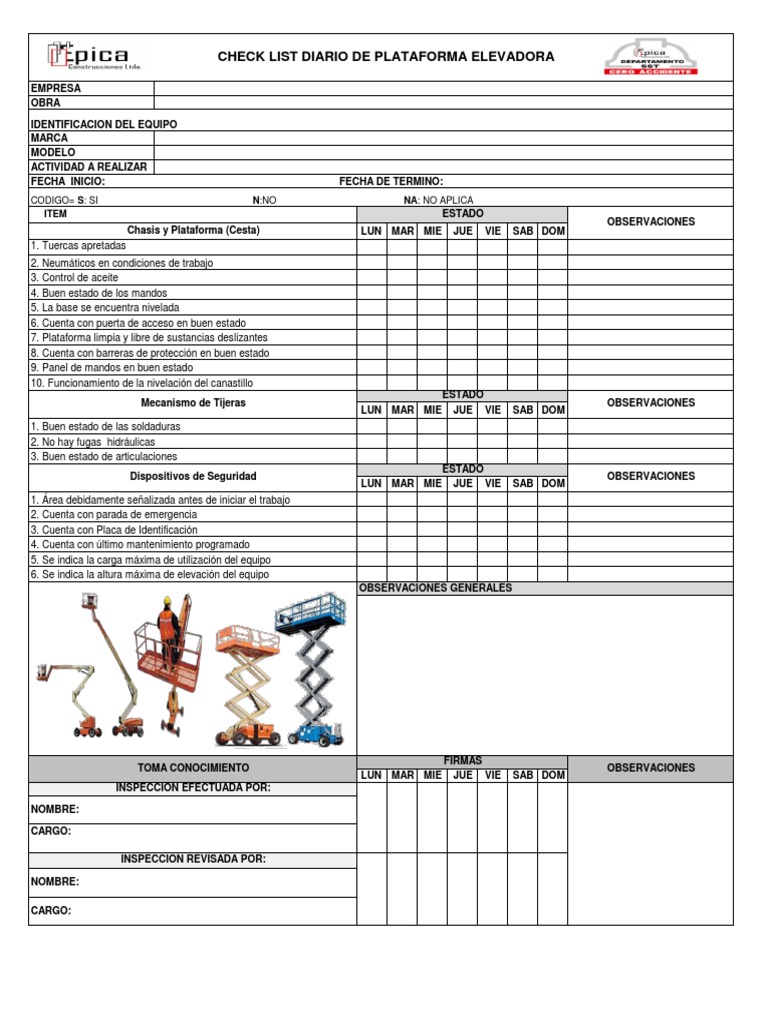 Check List Plataforma Elevadora | PDF
