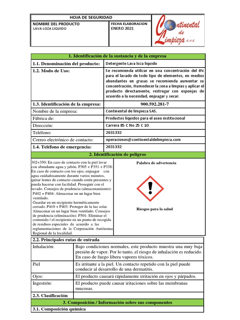 HS Detergente Lava Loza Liquido | PDF | Agua | Líquidos